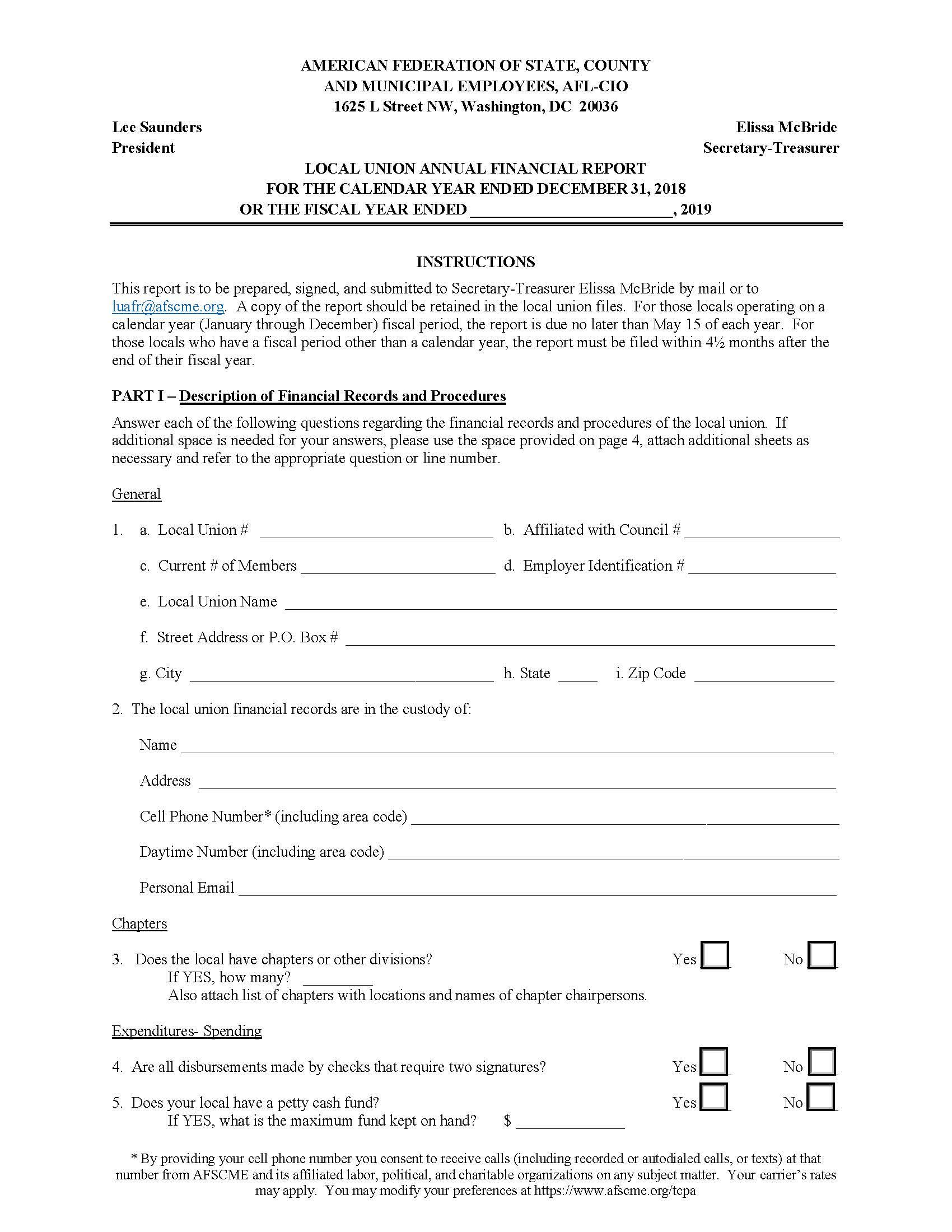 Local Union Annual Financial Report Form — Fillable Version | Secretary ...