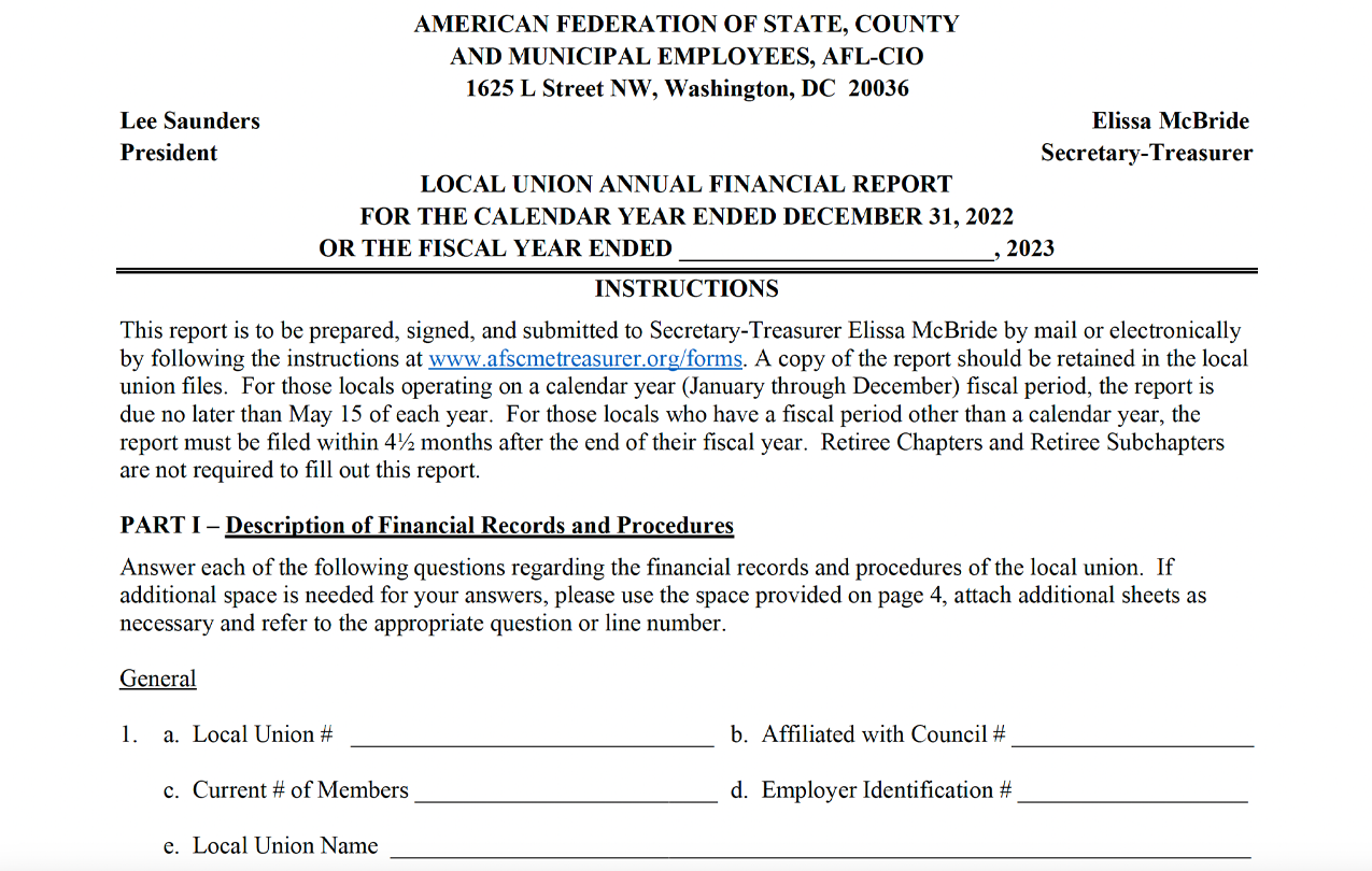 Local Union Annual Financial Report Form — Paper Version | Secretary ...